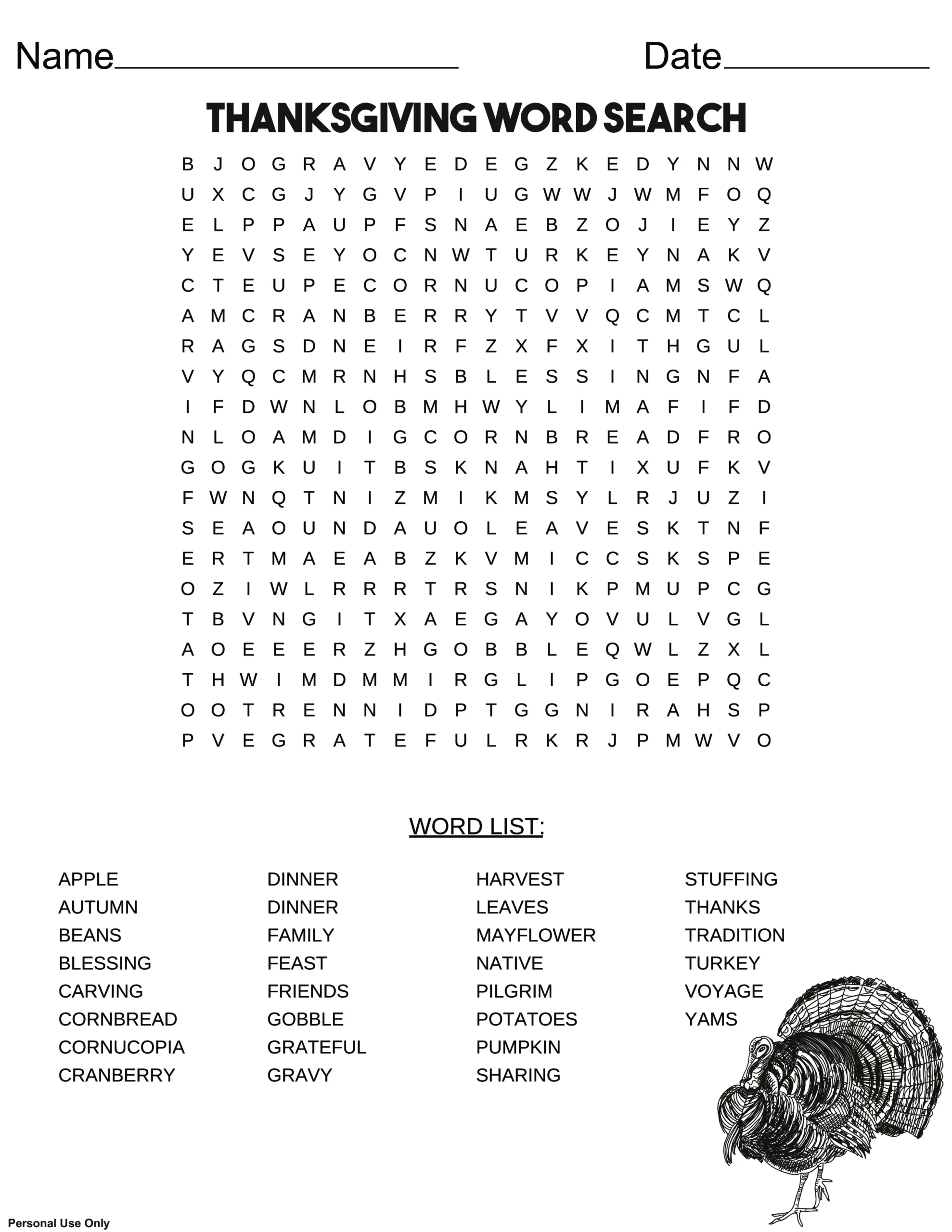 Thanksgiving Word Search