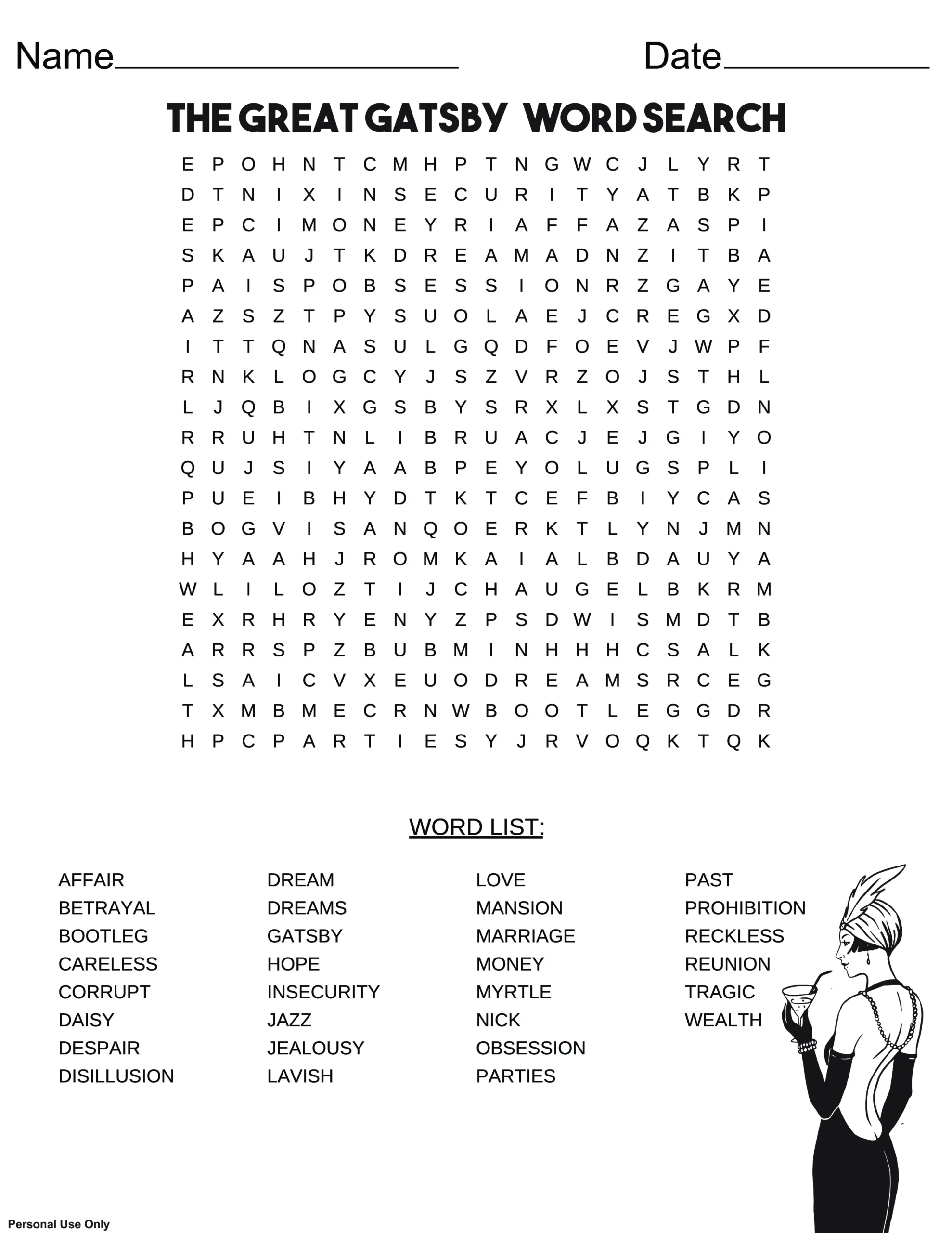 The Great Gatsby Word Search Free Printable PDF The Great Gatsby Word Search Free Printable PDF